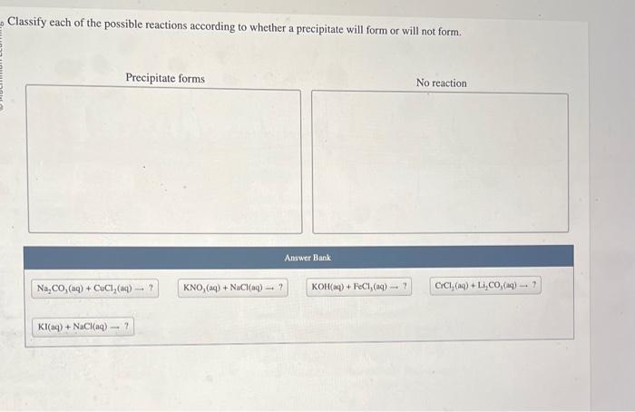 Solved Classify each of the possible reactions according to | Chegg.com