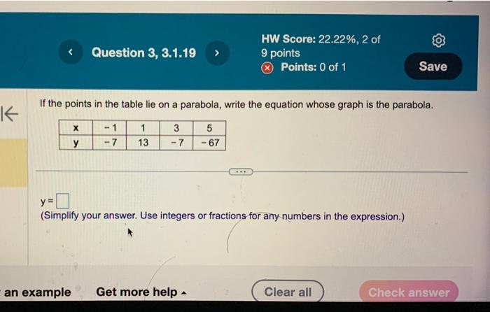 Solved If the points in the table lie on a parabola, write | Chegg.com