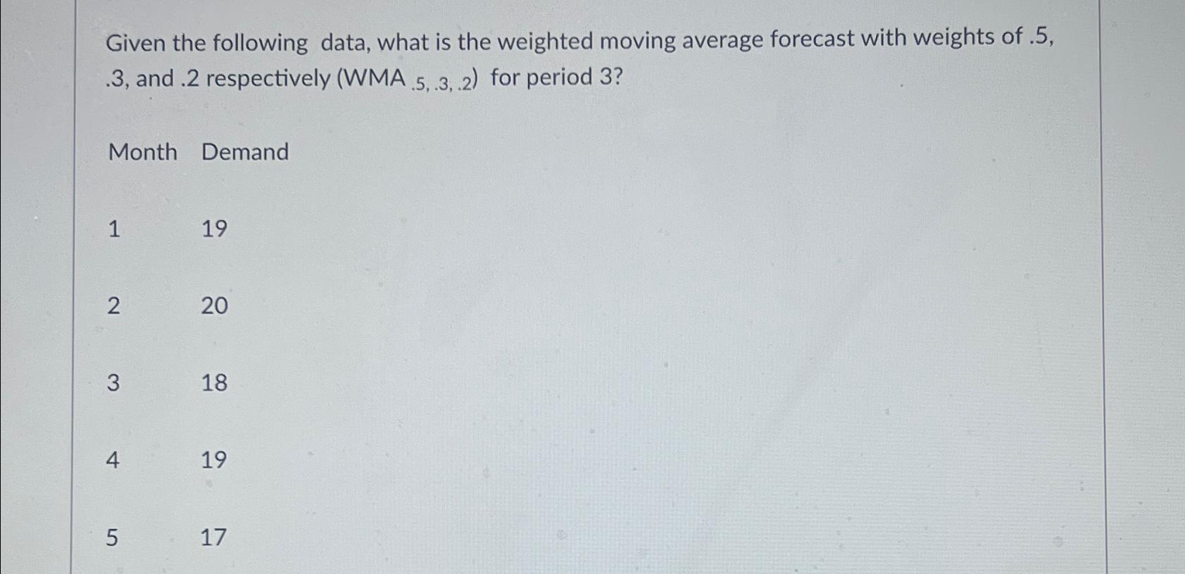 Solved Given the following data, what is the weighted moving | Chegg.com