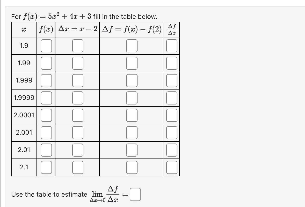 Solved For f(x)=5x2+4x+3 ﻿fill in the table | Chegg.com