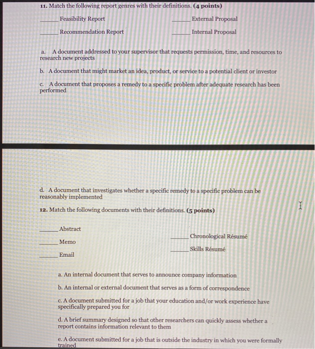 Solved 11. Match the following report genres with their | Chegg.com