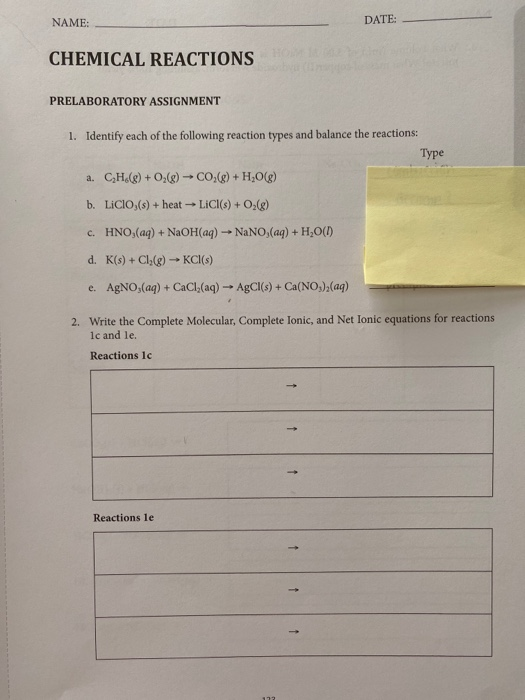 Solved NAME: DATE: CHEMICAL REACTIONS PRELABORATORY | Chegg.com