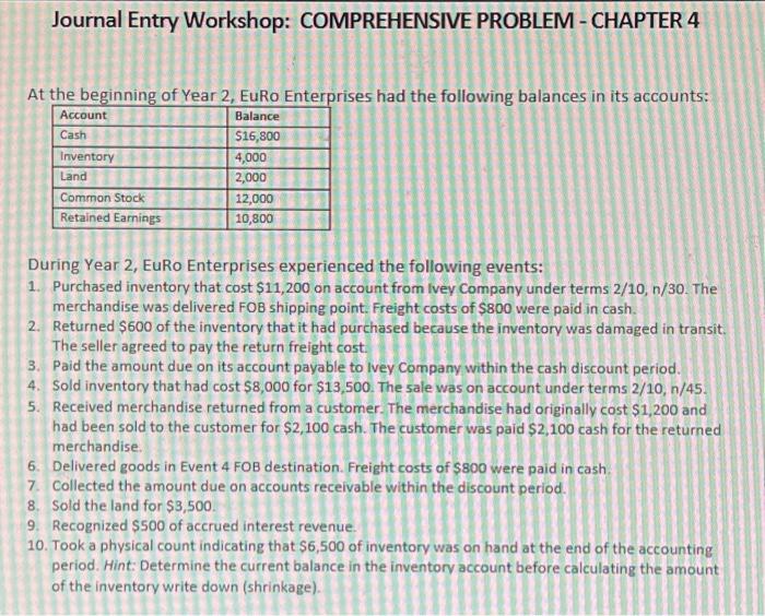 Solved Journal Entry Workshop: COMPREHENSIVE PROBLEM - | Chegg.com