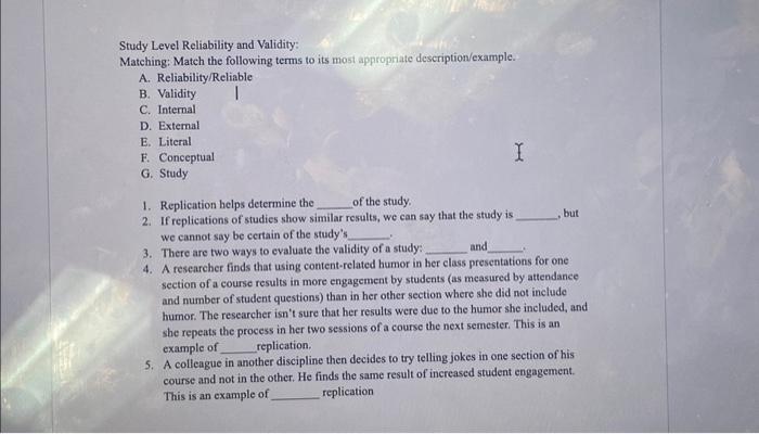 Solved Study Level Reliability and Validity: Matching: Match | Chegg.com