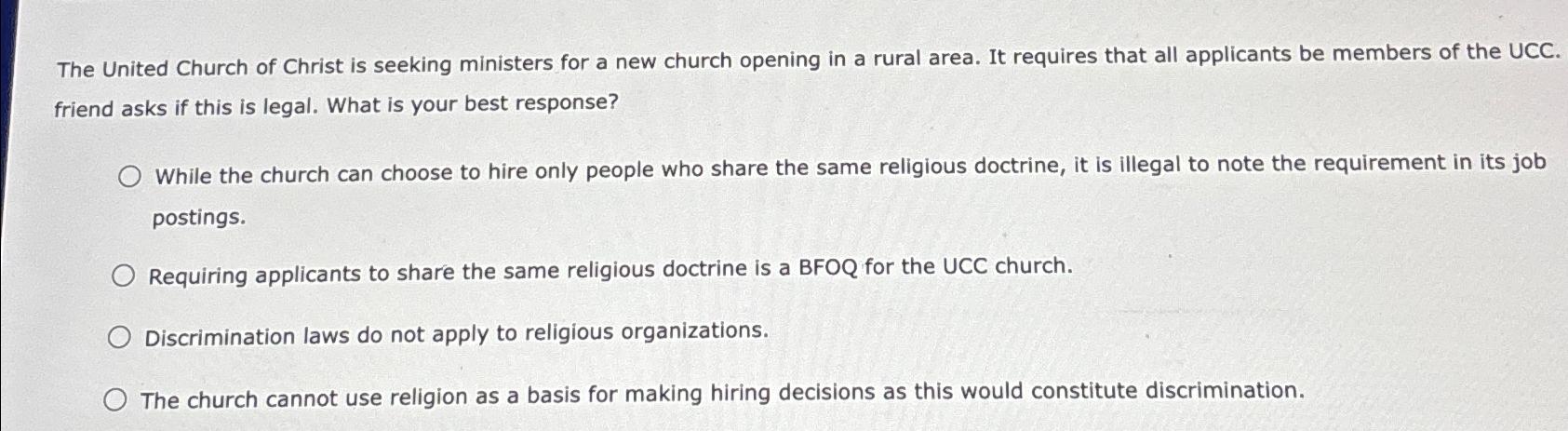 Solved The United Church of Christ is seeking ministers for | Chegg.com