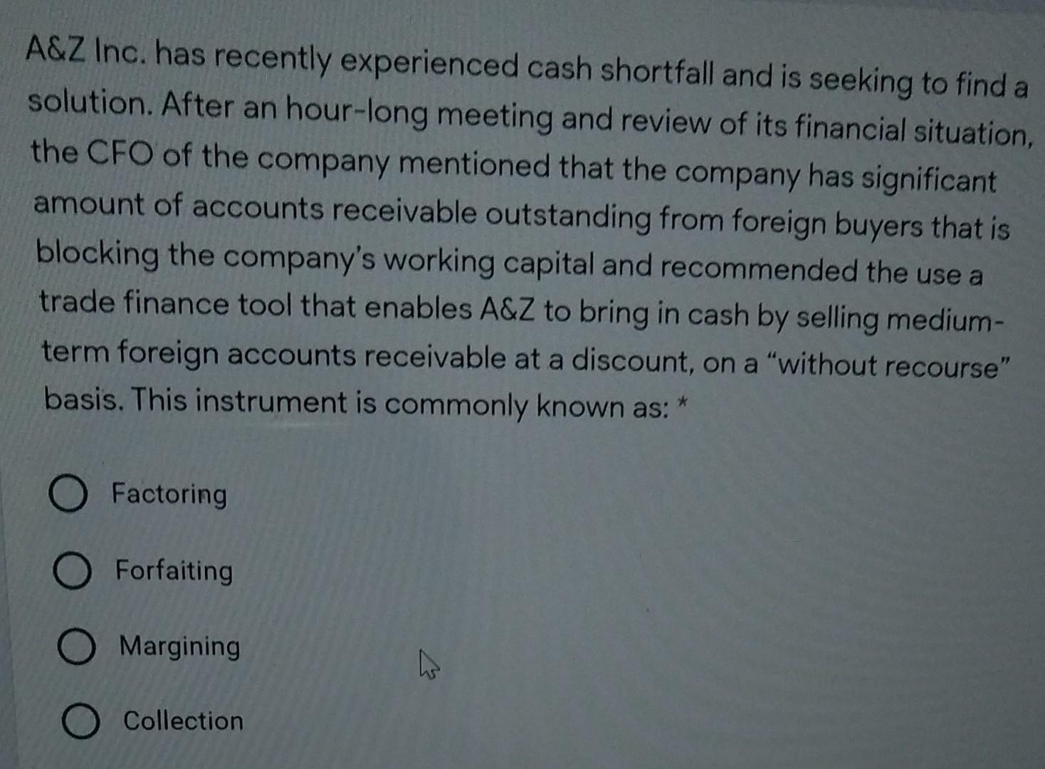 Solved A&Z Inc. has recently experienced cash shortfall and | Chegg.com