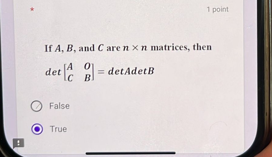 Solved 1 ﻿pointIf A,B, ﻿and C ﻿are n×n ﻿matrices, then | Chegg.com