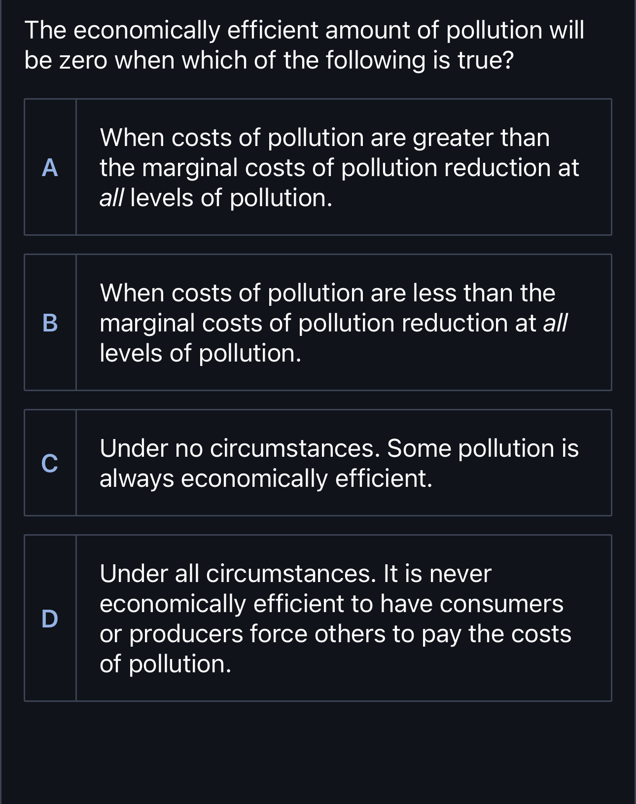 Solved The economically efficient amount of pollution will | Chegg.com