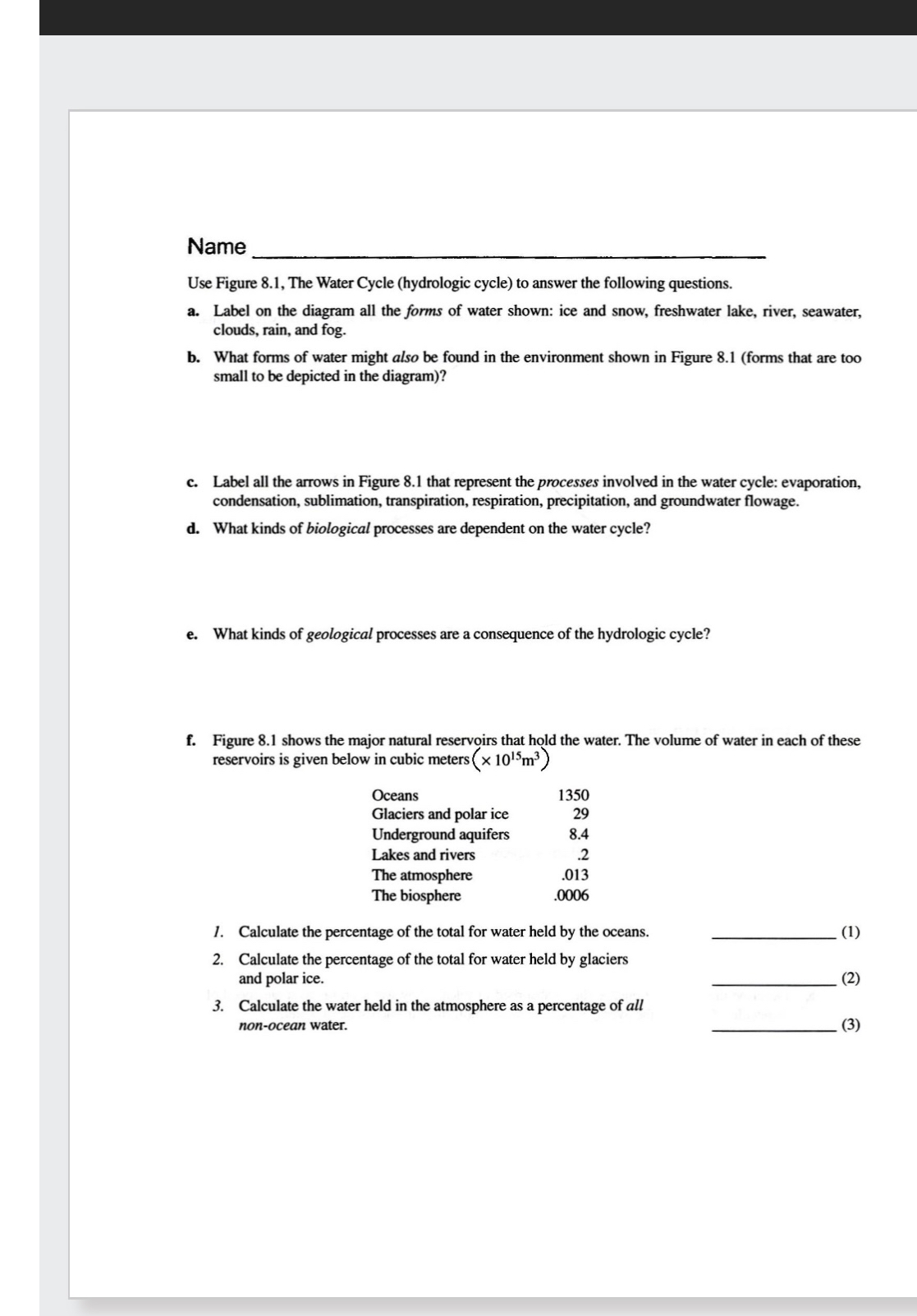 Solved Name q,Use Figure 8.1, ﻿The Water Cycle (hydrologic | Chegg.com