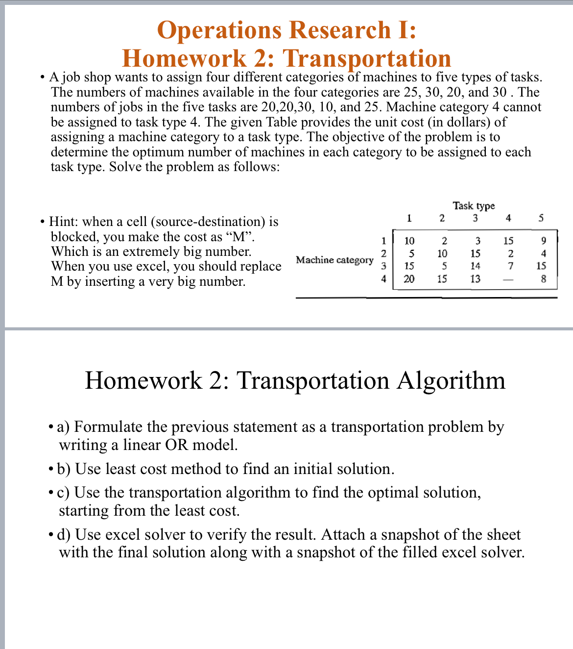 Solved Operations Research I:Homework 2: TransportationA job | Chegg.com