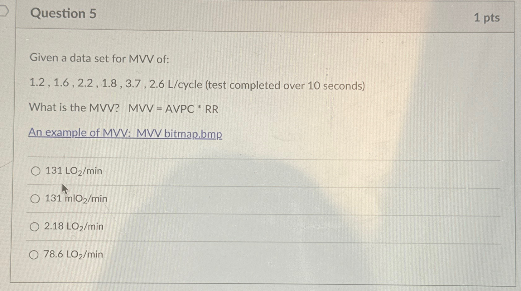 Solved Question 51ptsGiven a data set for MVV | Chegg.com