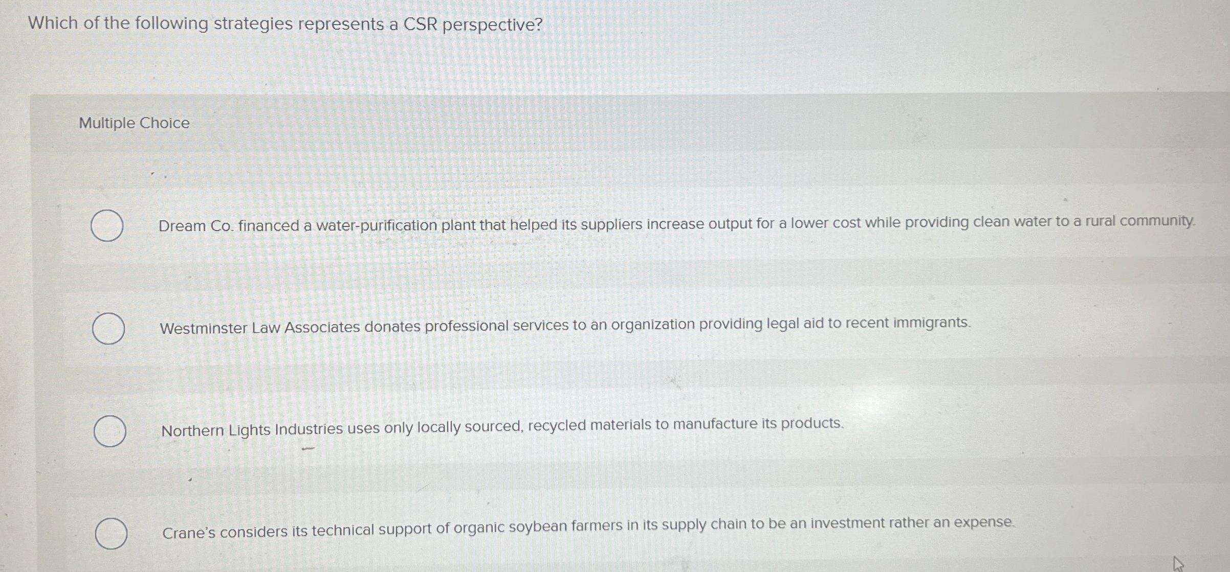 Solved Which of the following strategies represents a CSR | Chegg.com