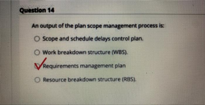 Solved An output of the plan scope management process is: | Chegg.com
