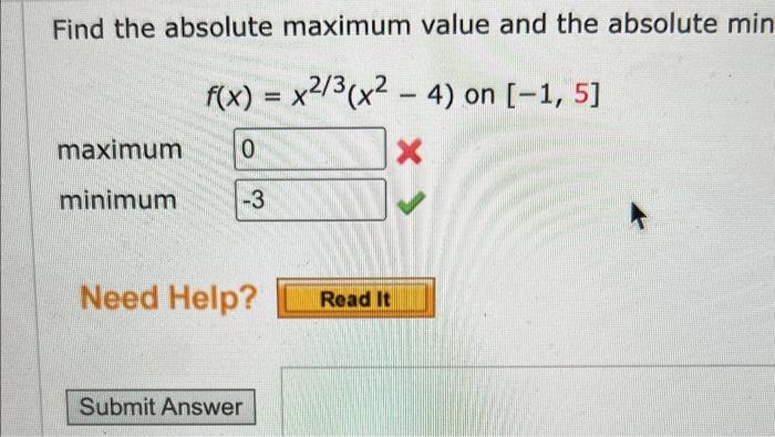 Solved Find the absolute maximum value and the absolute min | Chegg.com