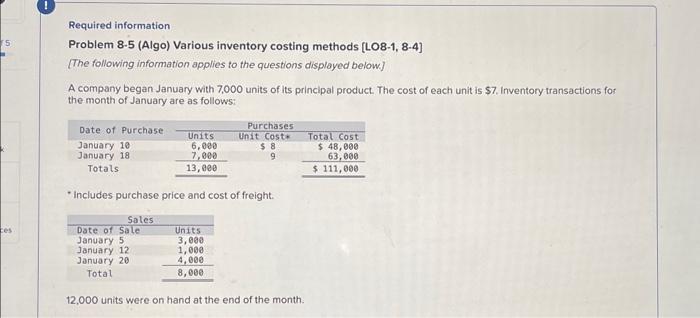 Solved Required information Problem 8-5 (Algo) Various | Chegg.com