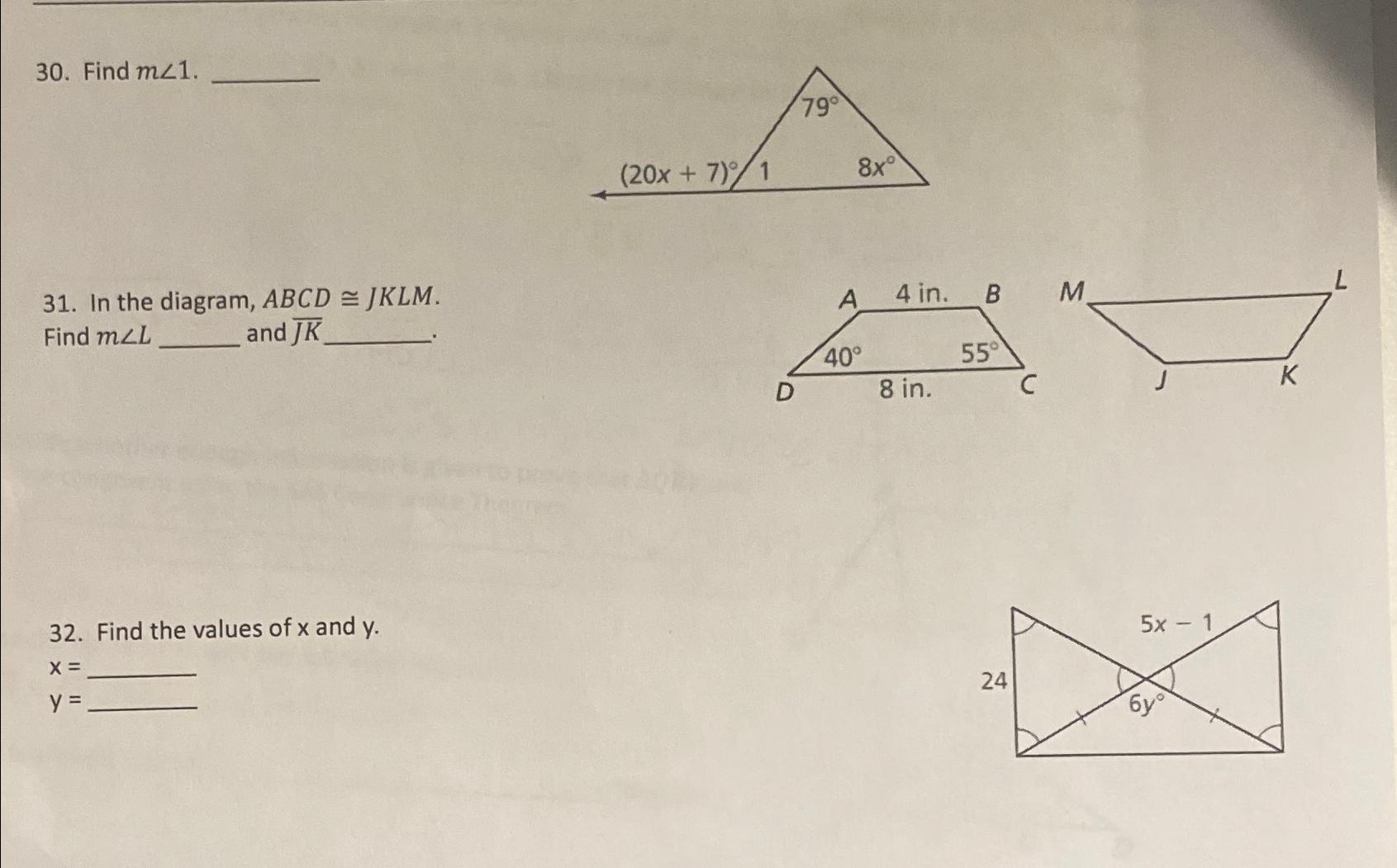 Solved Find m?1.In the diagram, ABCD~=JKLM. ﻿Find m?L, ﻿and | Chegg.com