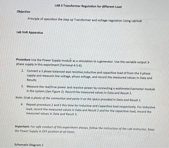 LAB 3 Transformer Regulation for different Load | Chegg.com