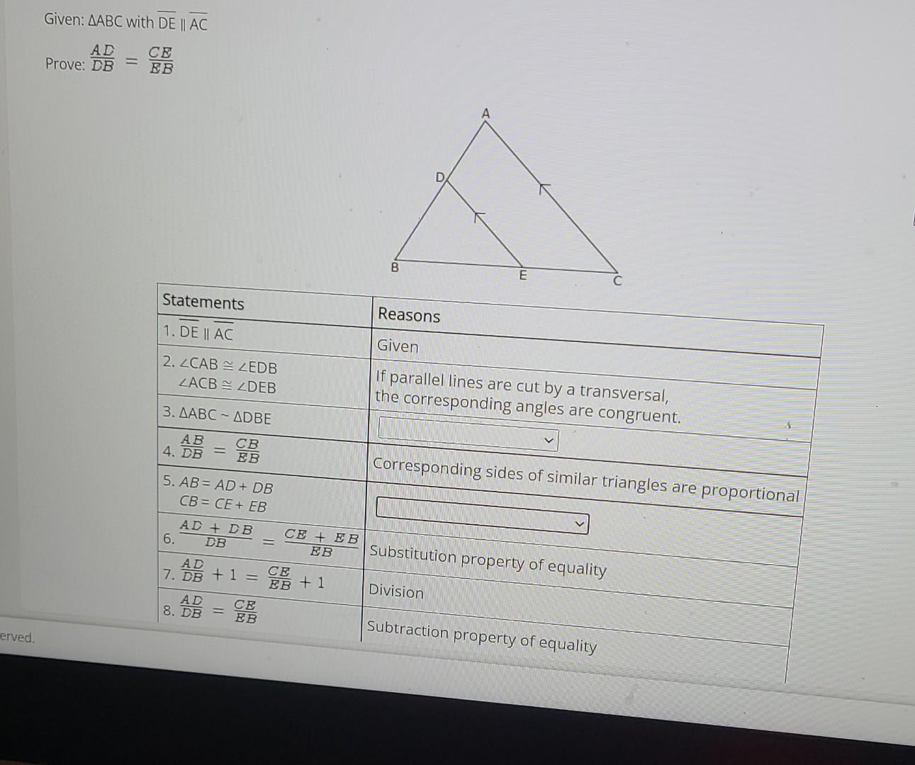 Solved Given: AABC with DE || AC AD Prove: DB CE ЕВ B E | Chegg.com