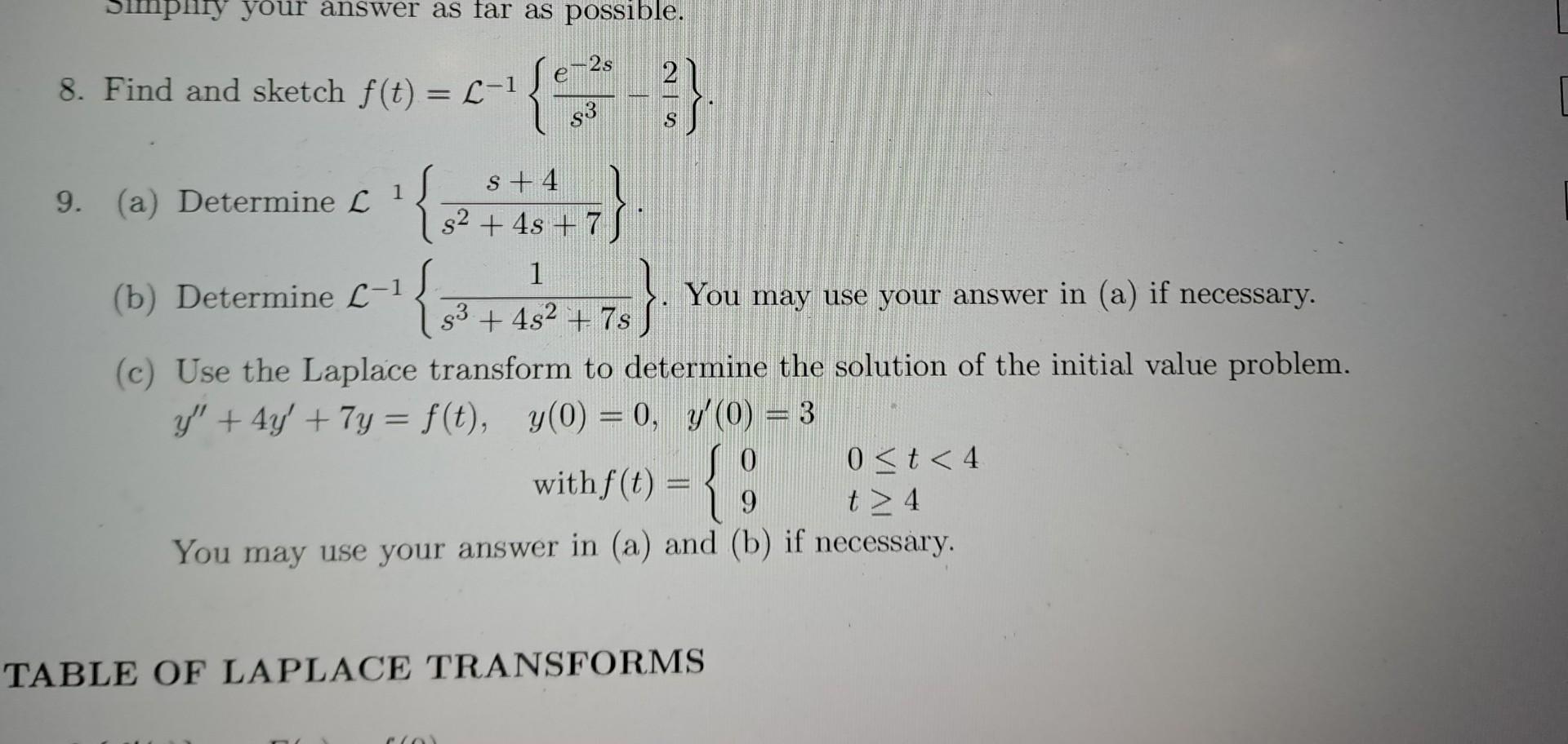 Solved 8. Find and sketch f(t)=L−1{s3e−2s−s2} 9. (a) | Chegg.com