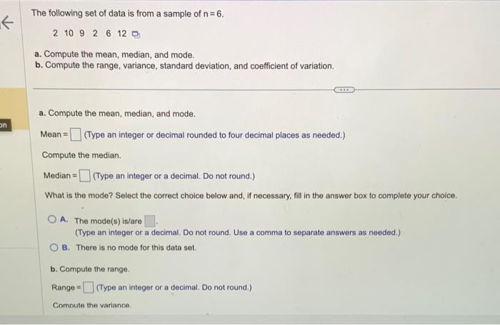 Solved The following set of data is from a sample of n=6. | Chegg.com