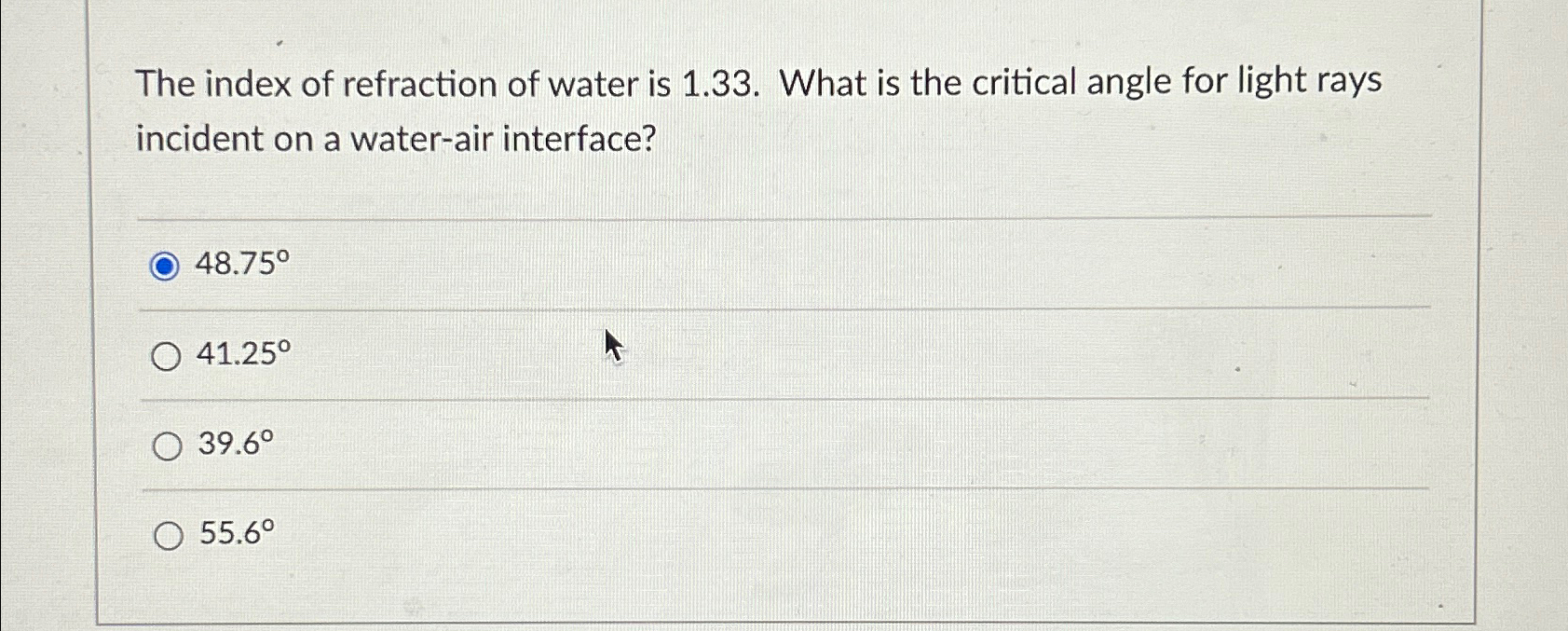 Solved The index of refraction of water is 1.33 . ﻿What is | Chegg.com
