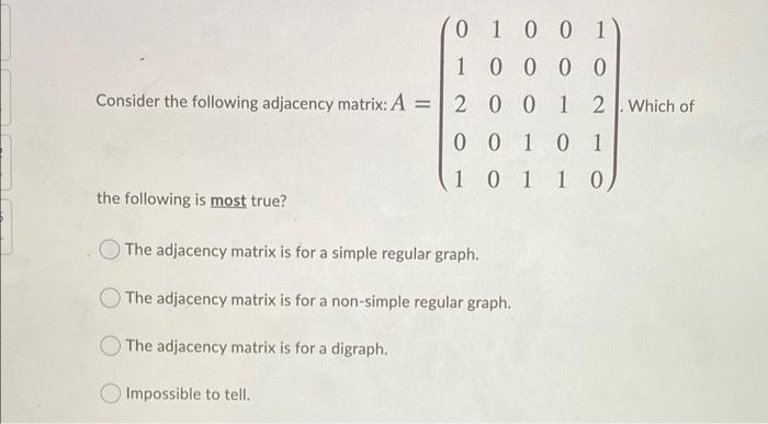 Solved Consider the following adjacency matrix: A = 0 1 0 0 | Chegg.com