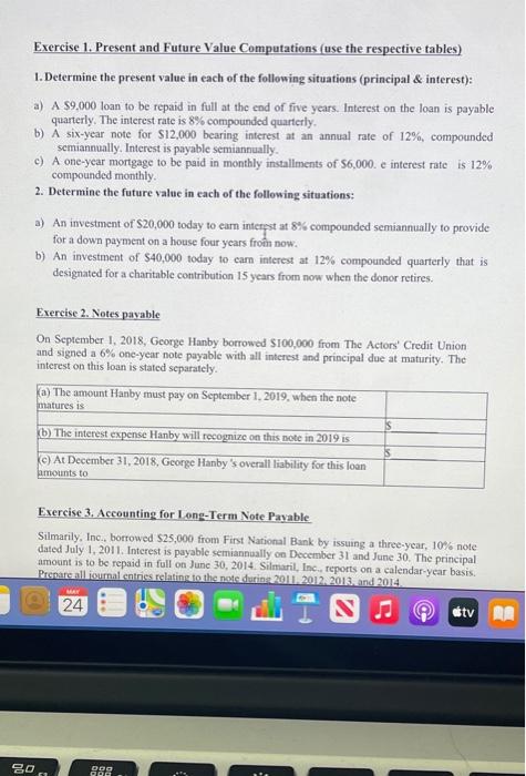 Exercise 1. Present and Future Value Computations | Chegg.com