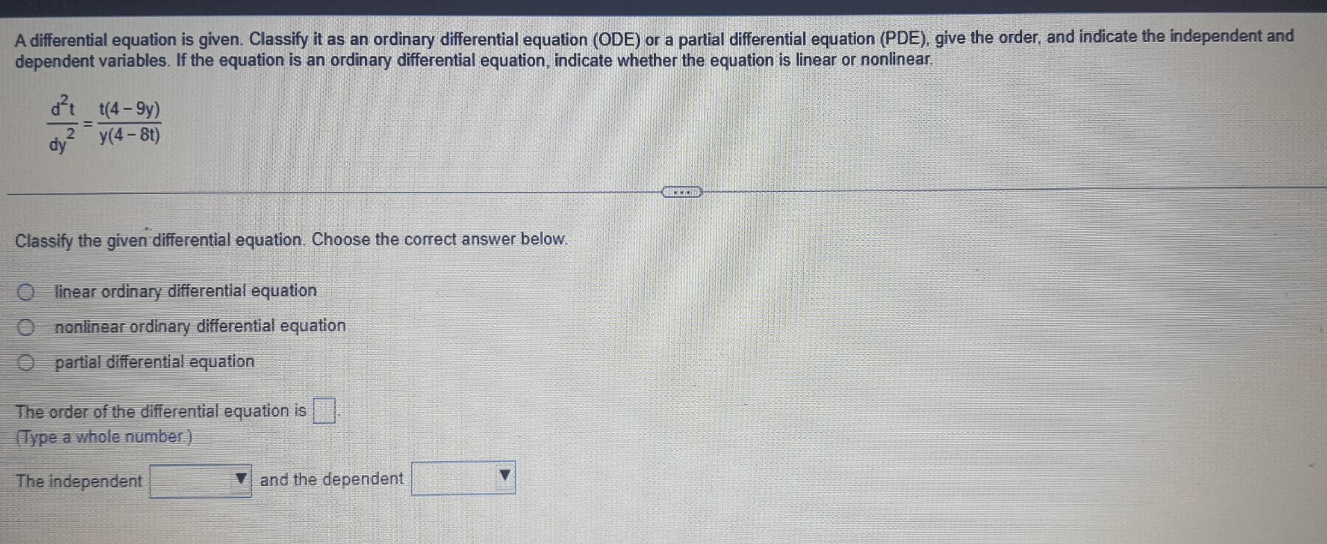 Solved A differential equation is given. Classify it as an | Chegg.com