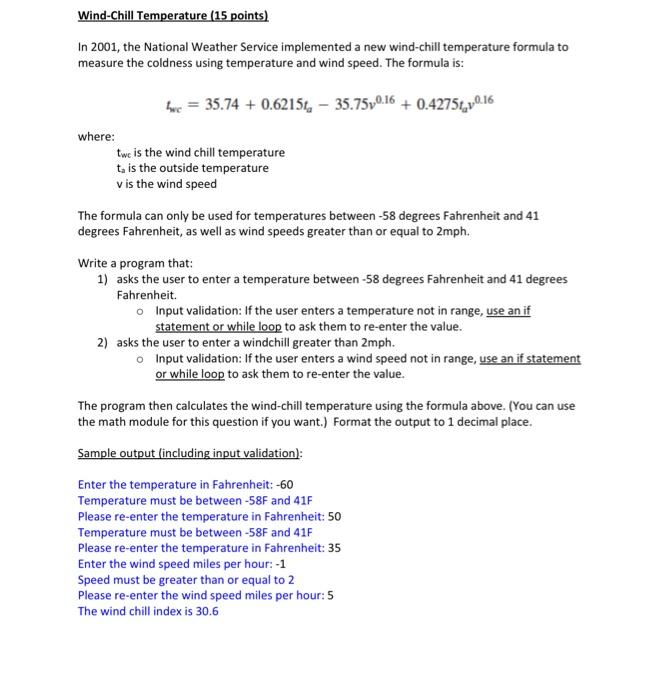 Solved Wind-Chill Temperature (15 points) In 2001, the | Chegg.com