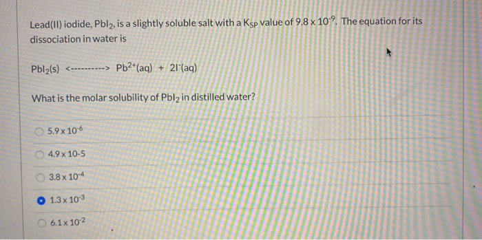 Solved Lead(II) iodide, Pbl2, is a slightly soluble salt | Chegg.com