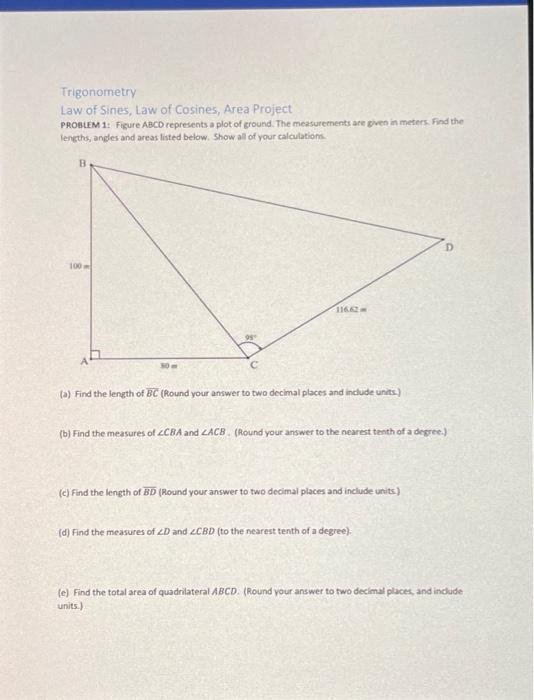Solved Trigonometry Law of Sines, taw of Cosines, Area | Chegg.com