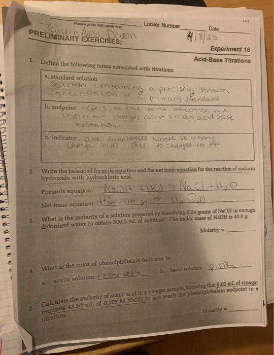 Solved - Locker Number PRELIMINARY EXERCISES 418/20 | Chegg.com