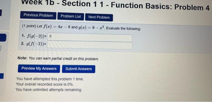 Solved (1 point) Let f(x)=4x−8 and g(x)=9−x2. Evaluate the | Chegg.com