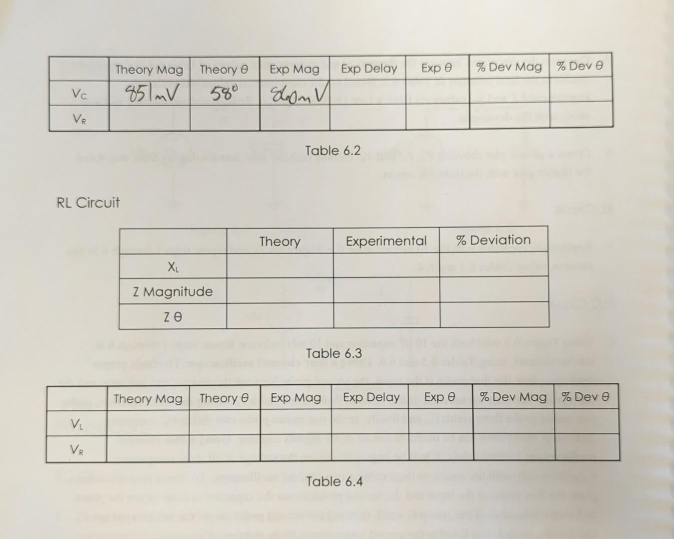 Table 6.2 RL Circuit Table 6.3 Table 6.4 | Chegg.com