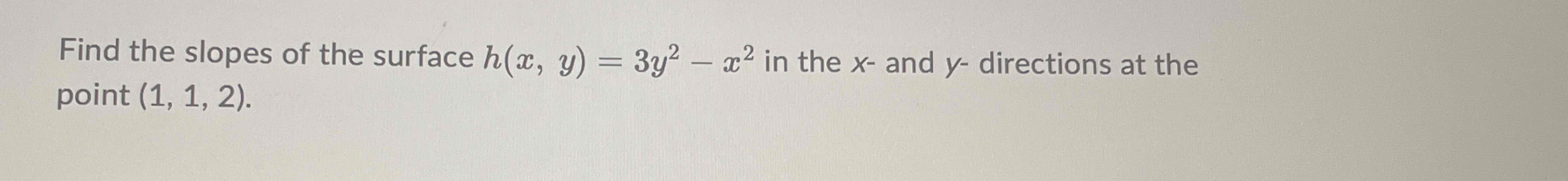 Solved Find the slopes of the surface h(x,y)=3y2-x2 ﻿in the | Chegg.com