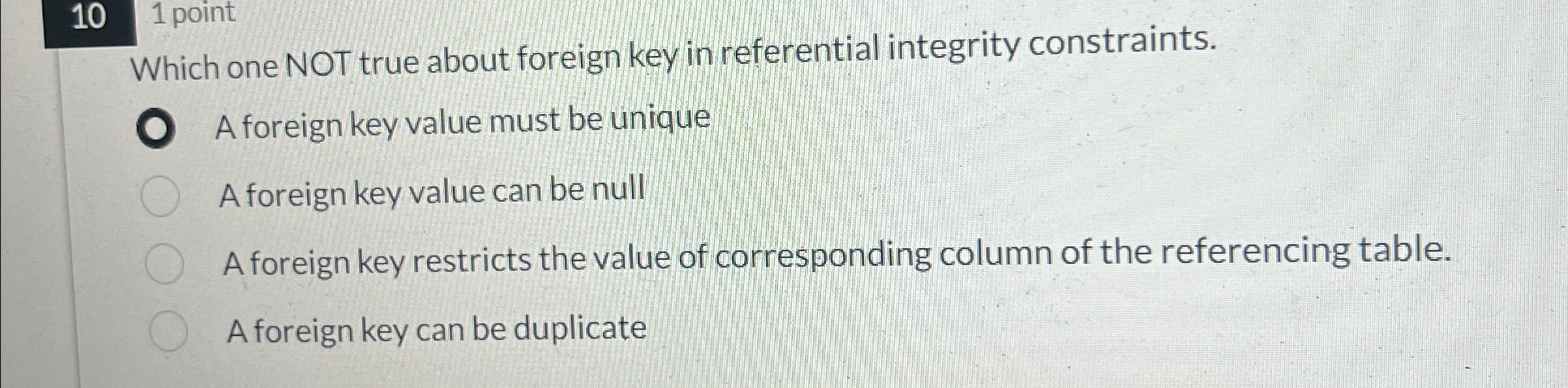 Solved 101 ﻿pointWhich one NOT true about foreign key in | Chegg.com