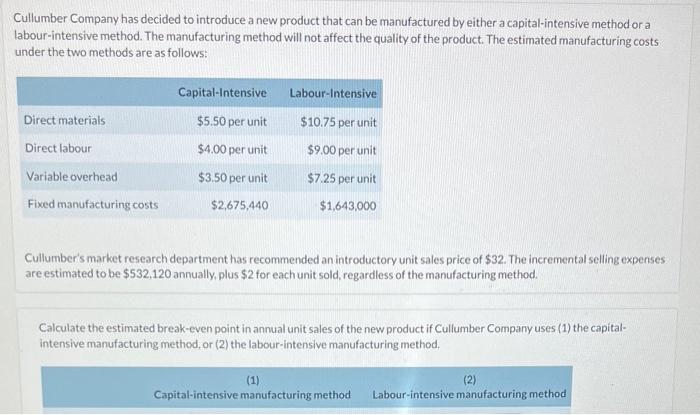 Solved Cullumber Company has decided to introduce a new | Chegg.com