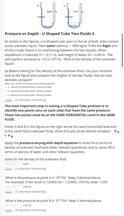 Solved Pressure vs Depth - U Shaped Tube Two Fluids 2 As | Chegg.com