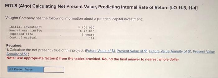 Solved M11-8 (Algo) Calculating Net Present Value, | Chegg.com