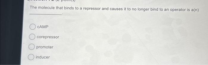 Solved The molecule that binds to a repressor and causes it | Chegg.com