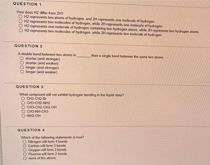 Solved QUESTION 1 How does H2 differ from 2H? H2 represents | Chegg.com