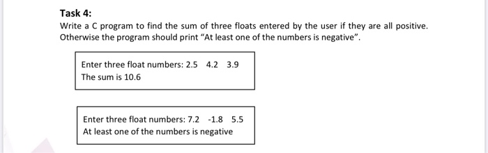Solved Task 4: Write a C program to find the sum of three | Chegg.com