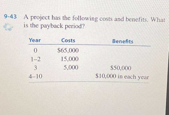 Solved 9-43 A project has the following costs and benefits. | Chegg.com