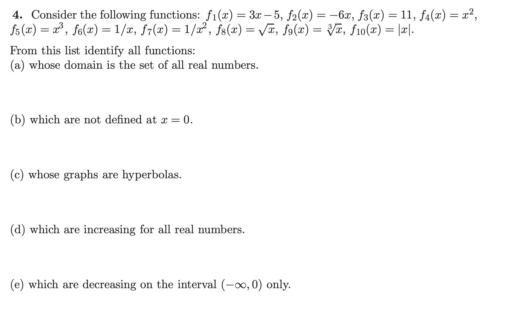 Solved Consider the following functions: | Chegg.com