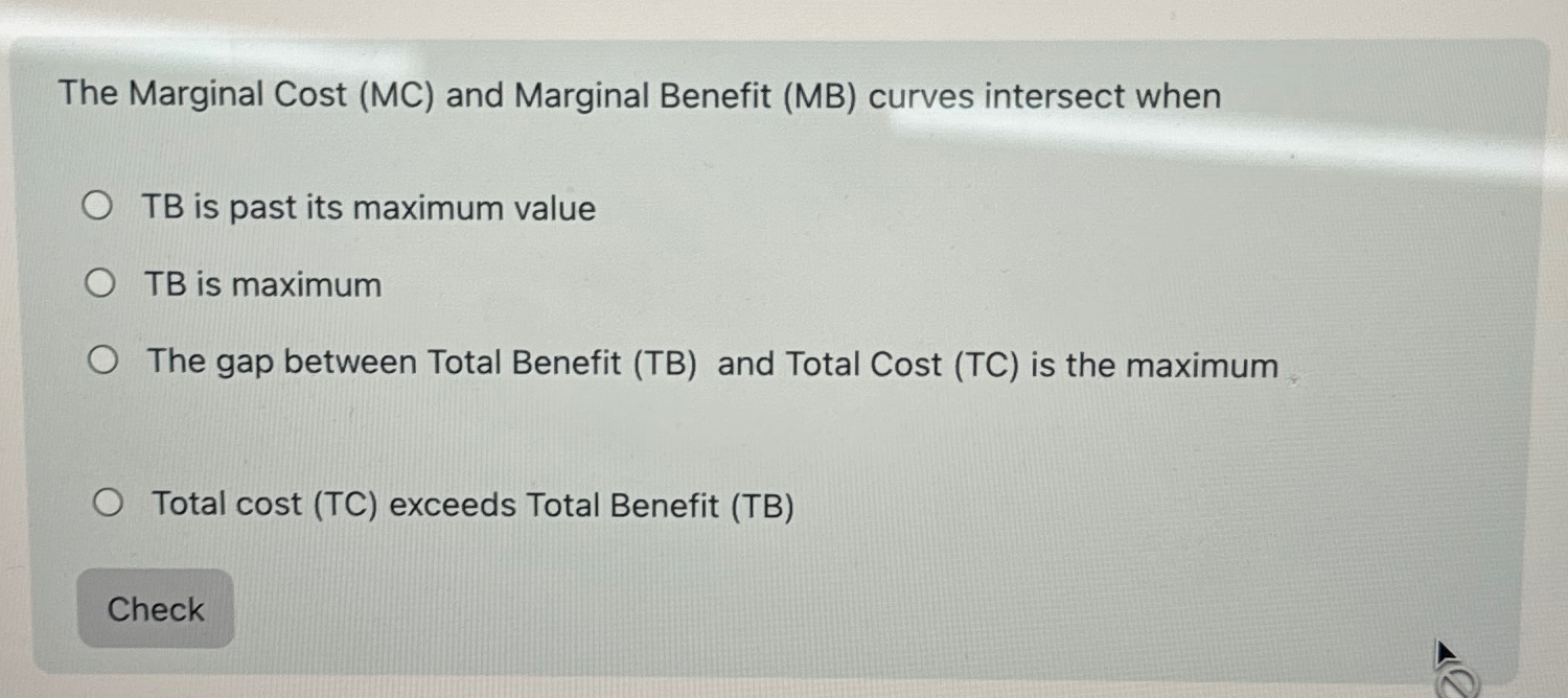 Solved The Marginal Cost (MC) ﻿and Marginal Benefit (MB) | Chegg.com