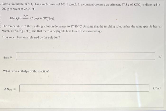 Solved Potassium nitrate, KNO3, has a molar mass of 101.1 | Chegg.com