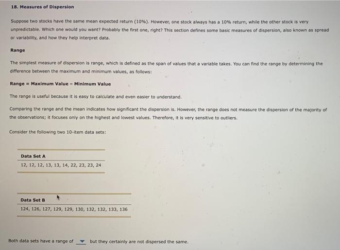 Solved 18. Measures of Dispersion Suppose two stocks have | Chegg.com