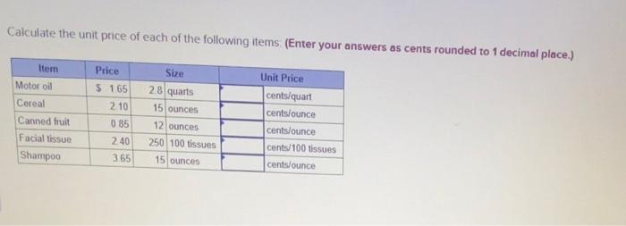 Solved Calculate the unit price of each of the following | Chegg.com