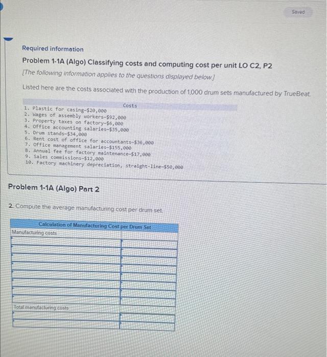 Solved Problem 1-1A (Algo) Classifying costs and computing | Chegg.com
