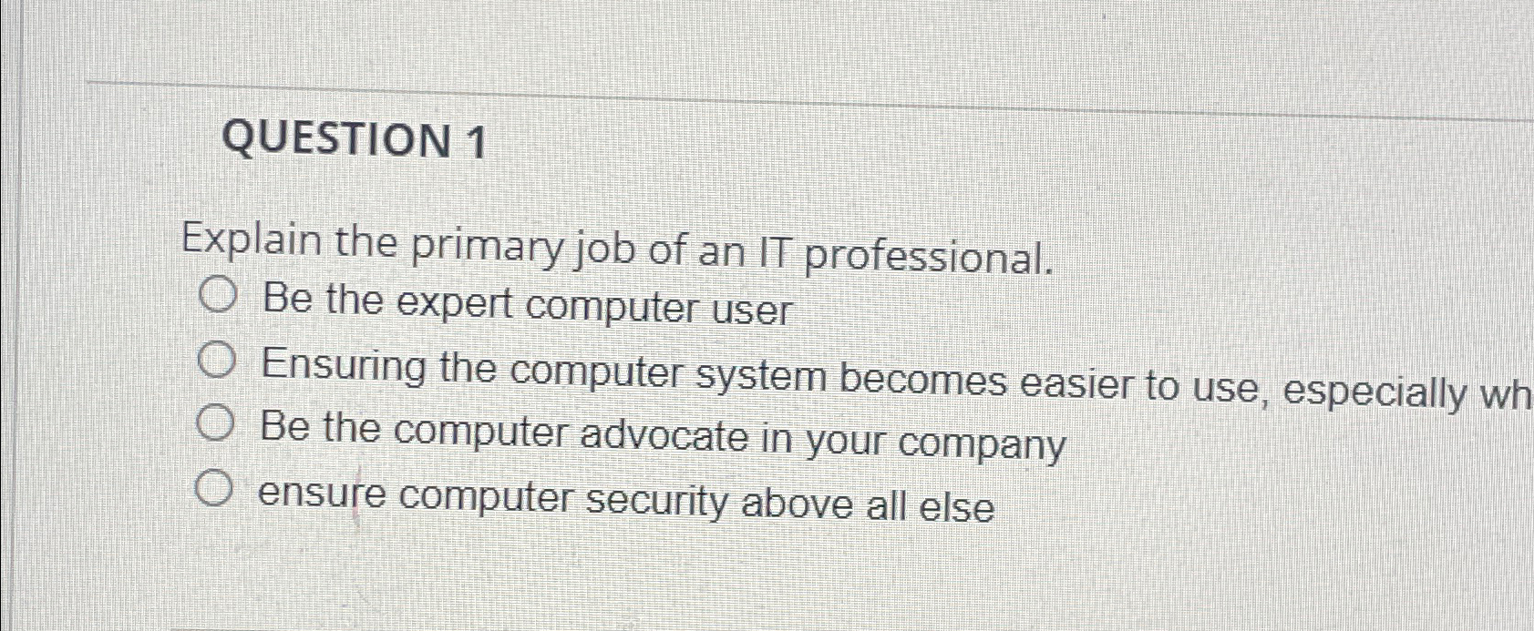 Solved QUESTION 1Explain the primary job of an IT | Chegg.com